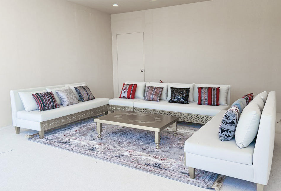 CNC 3 Seater Sofa | Armless Sofa | Beige Velvet Sofa – Moments Rental